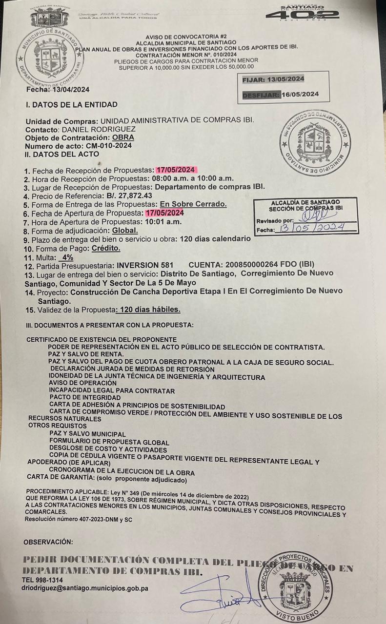 AVISO DE CONVOCATORIA CM-010-2024 – Municipio de Santiago